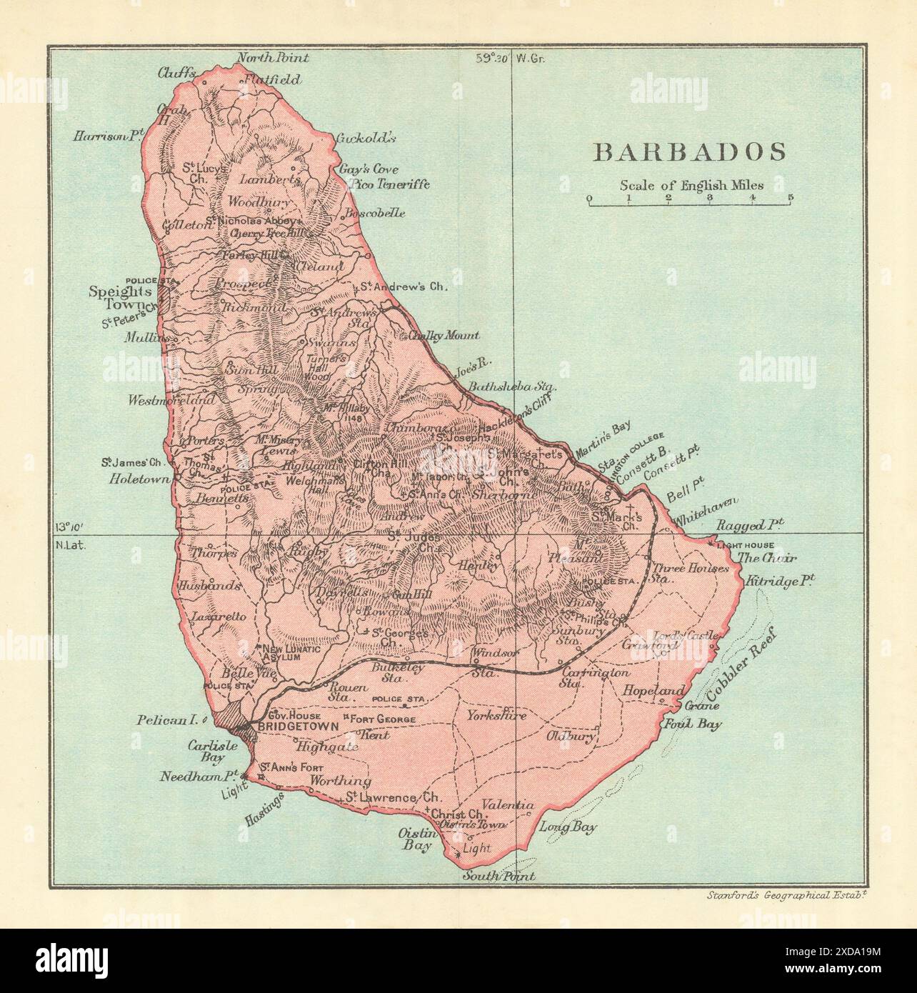 BARBADOS. Vintage map. West Indies Caribbean 1910 old antique plan ...