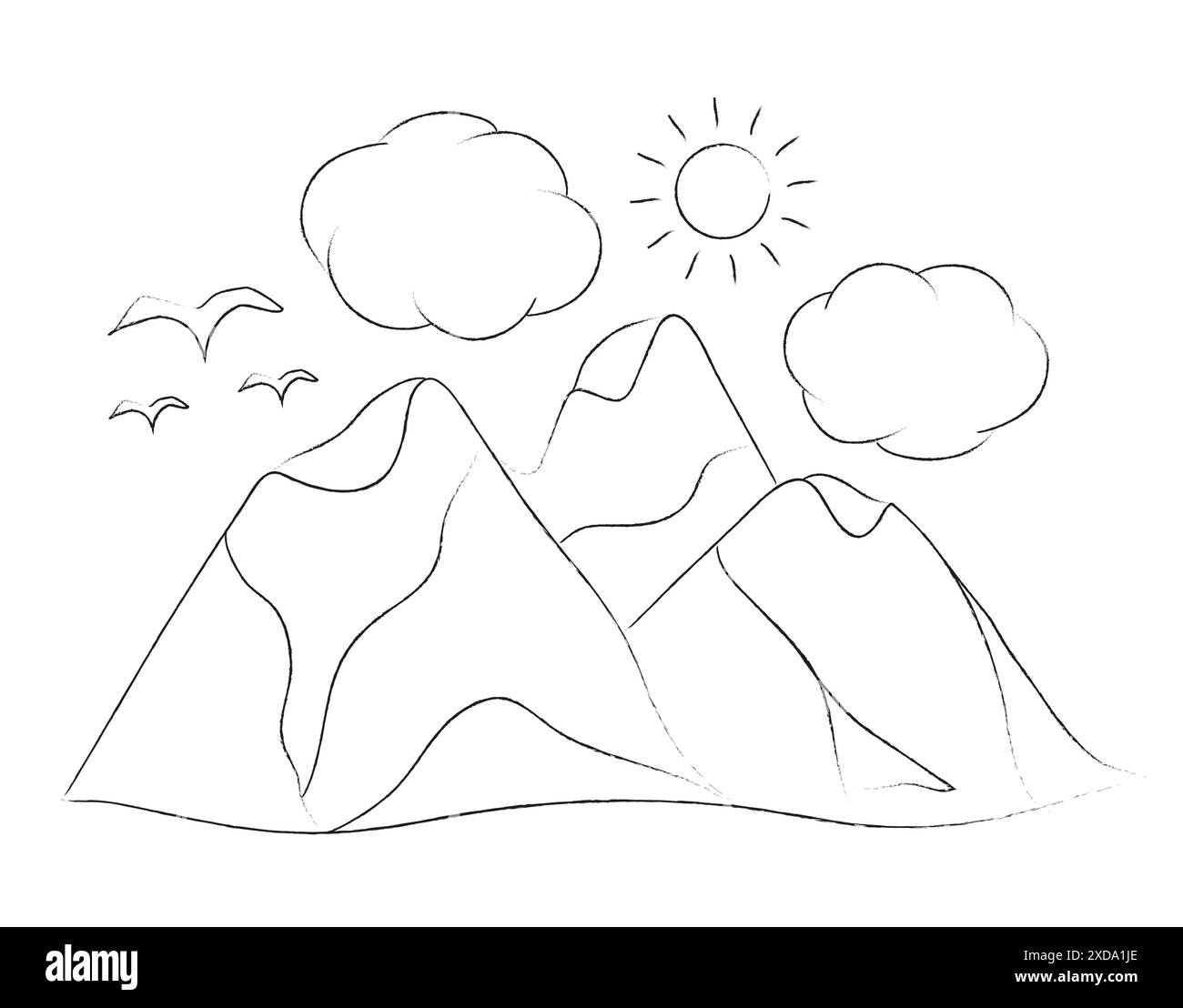 Mountains icon in child drawing style, depicted in white chalk on a ...