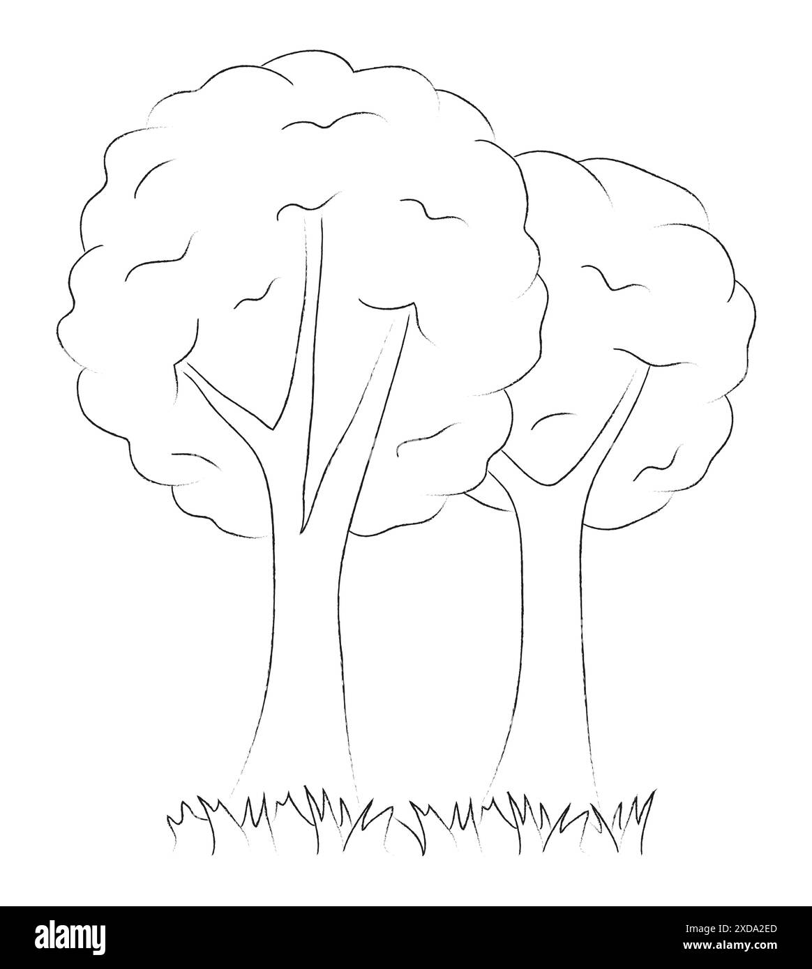 Trees, landscape in a linear style of children's drawing. Nature symbol ...