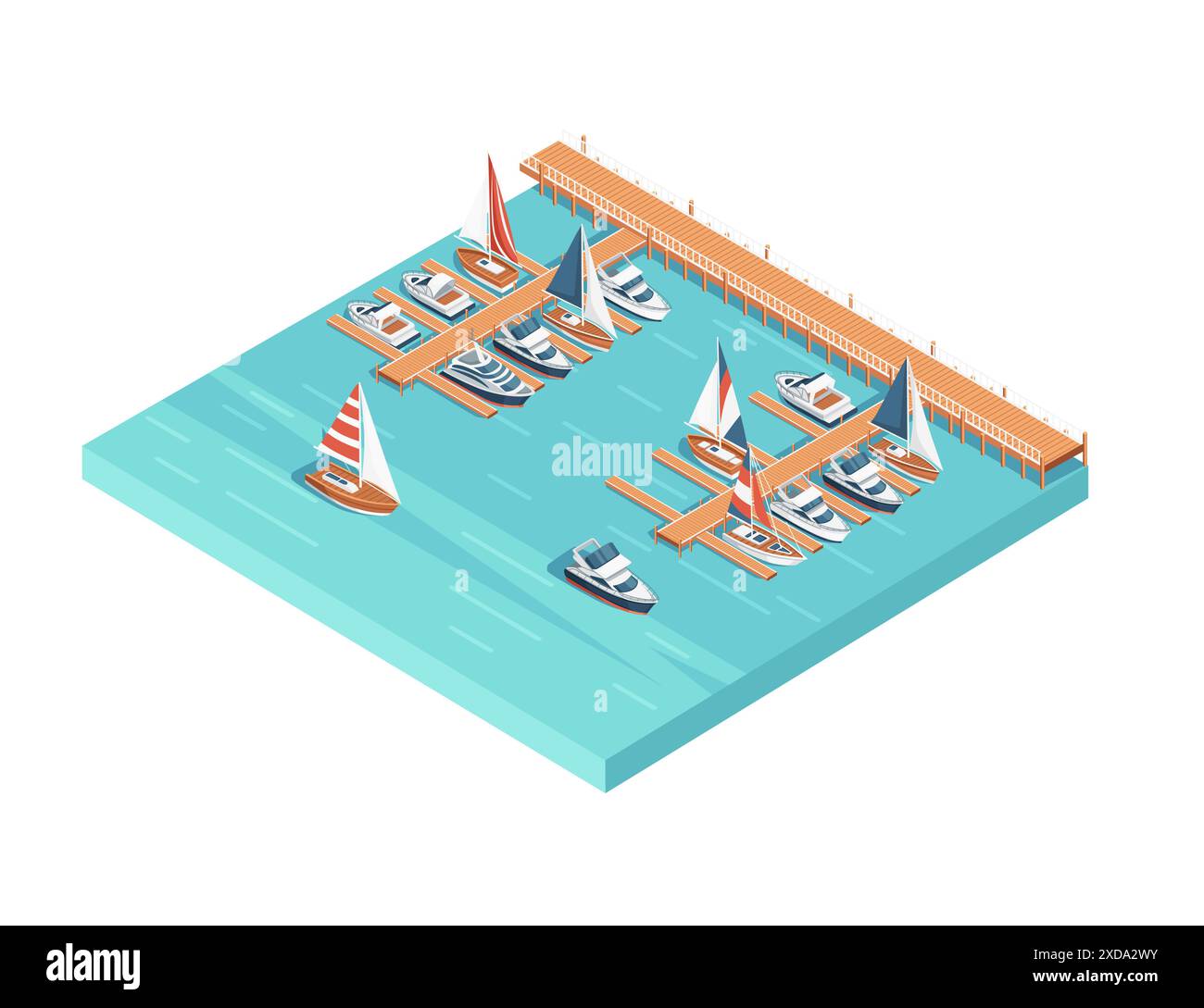 Three-dimensional isometric view showcasing marina pier sailboat and ...