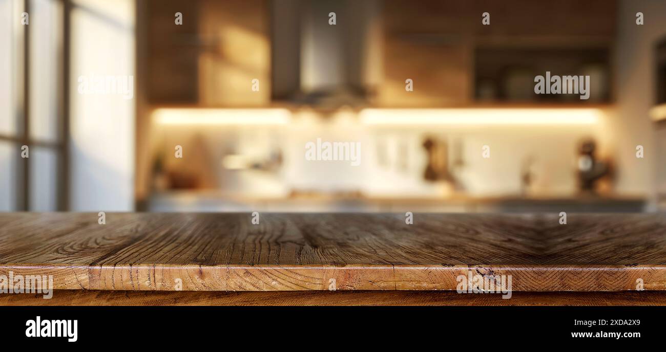 Kitchen countertop on a blurred background of a kitchen interior. To ...