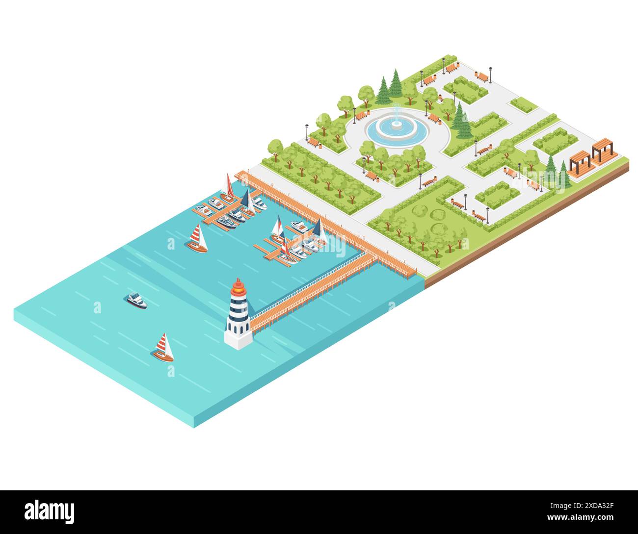 Three-dimensional isometric view showcasing marina pier sailboat and ...