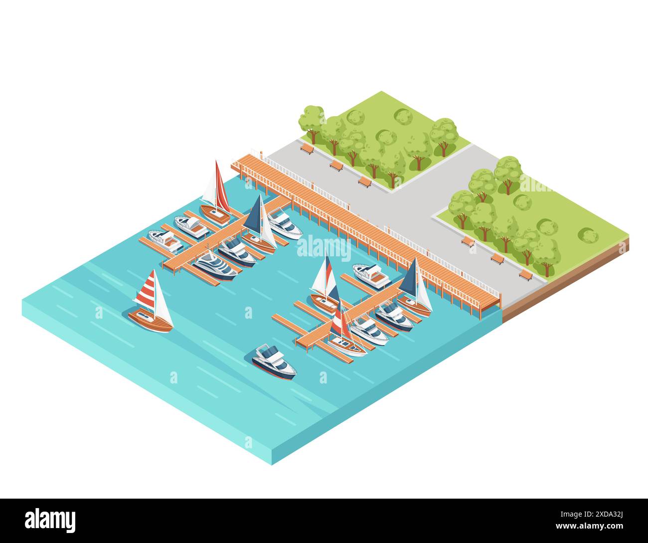 Three-dimensional isometric view showcasing marina pier sailboat and ...