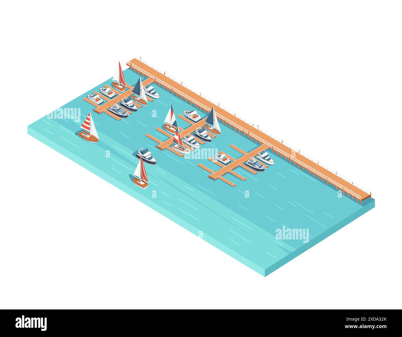 Three-dimensional isometric view showcasing marina pier sailboat and ...