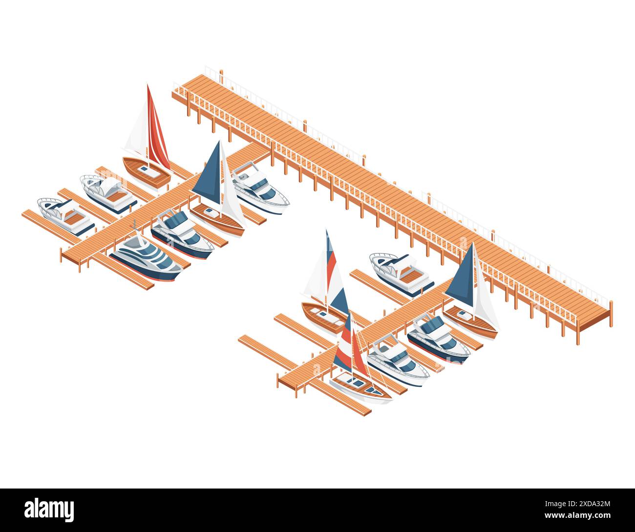 Three-dimensional isometric view showcasing marina pier sailboat and ...