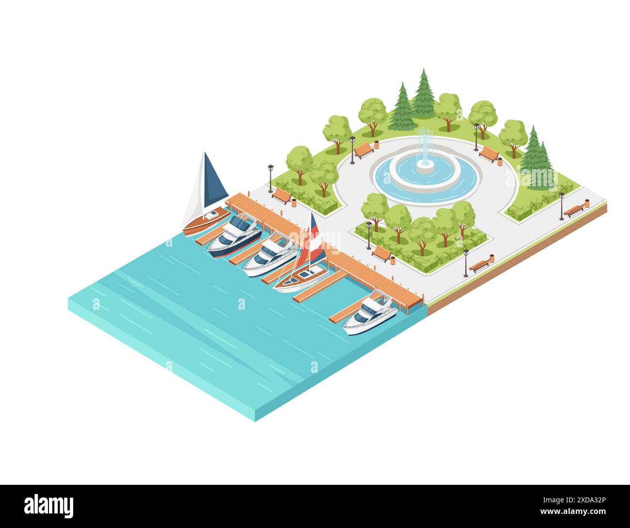 Three-dimensional isometric view showcasing marina pier sailboat and ...