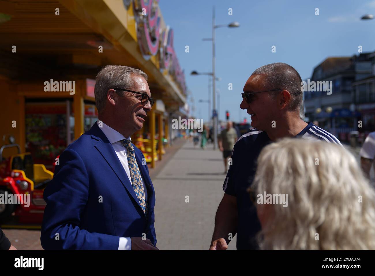 Reform UK leader Nigel Farage arriving in Clacton-on-Sea, Essex, while ...