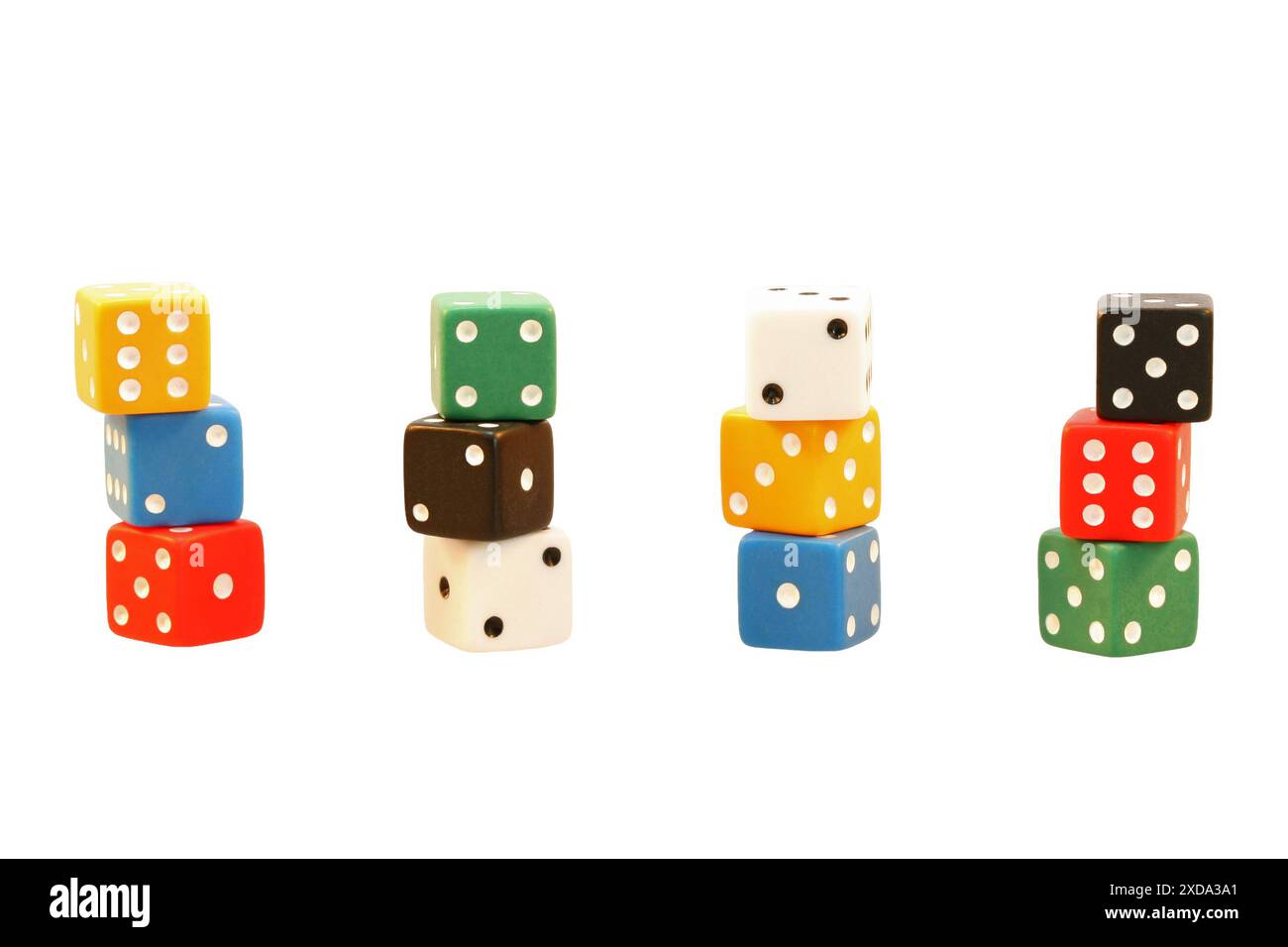 4 accumulations of 3 coloured dice each on white background Stock Photo ...