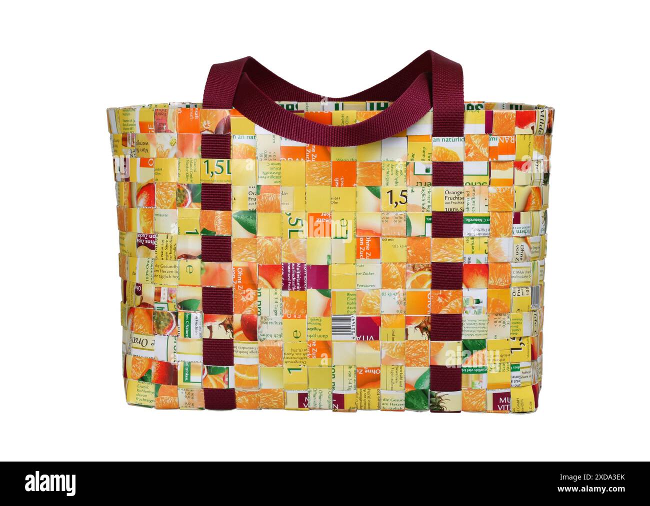 Colorful woven recycled materials tote bag with red handles on white ...