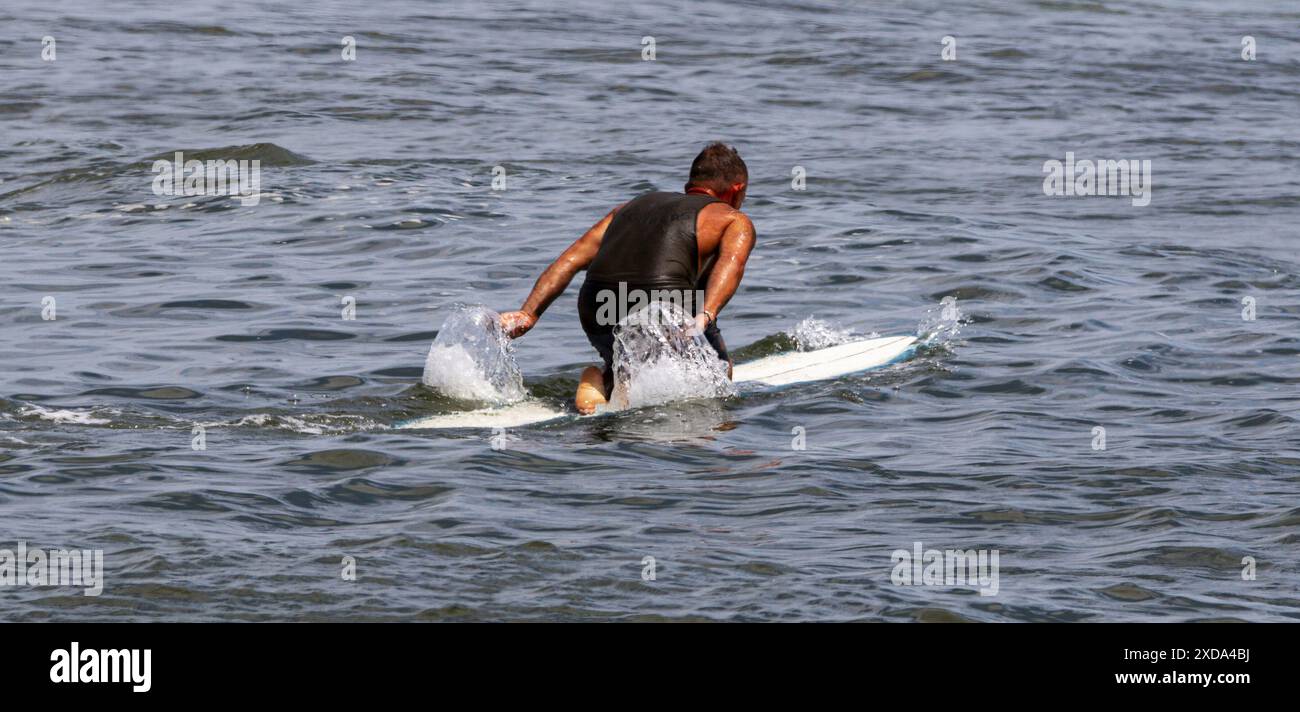 Rear view of a man kneeling on his surfboard paddling out to the waves ...