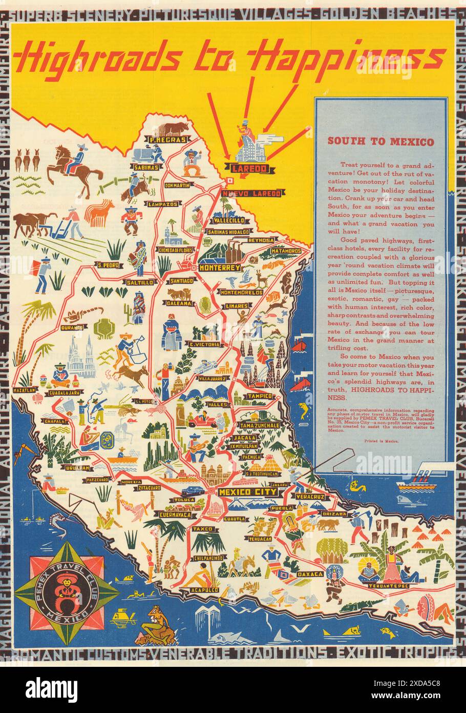 Highroads to Happiness. Mexico tourist map 45x32cm c1955 old vintage ...