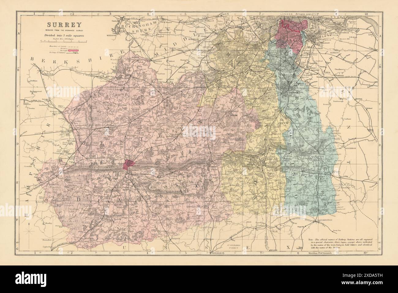SURREY. Antique county map by GW BACON 1884 old vintage plan chart ...