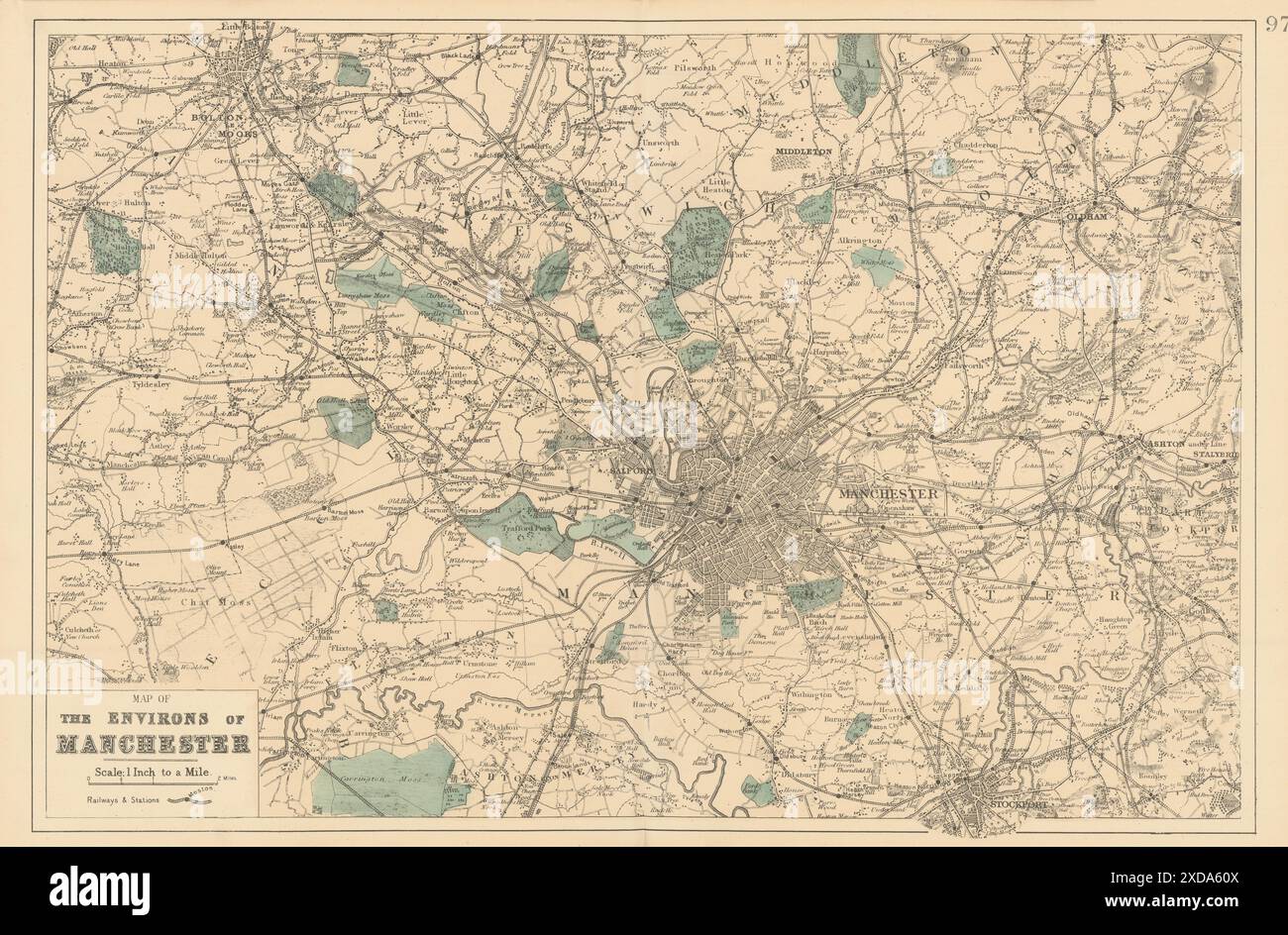 MANCHESTER & ENVIRONS. Bolton Stockport Oldham. Antique map by GW BACON ...