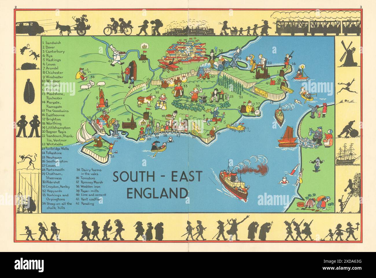 South-East England pictorial map. ALNWICK 1937 old vintage plan chart ...
