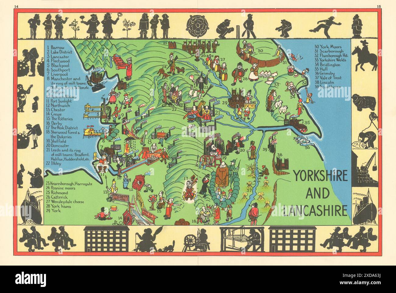 Yorkshire and Lancashire pictorial map. ALNWICK 1937 old vintage chart ...