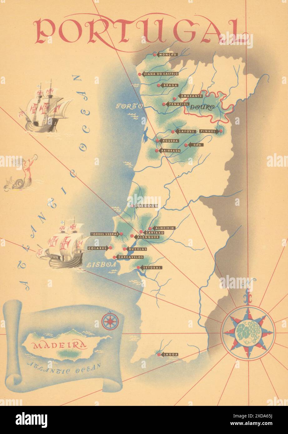 Portugal & Madeira wine districts map by Mario Costa 1948 old vintage ...
