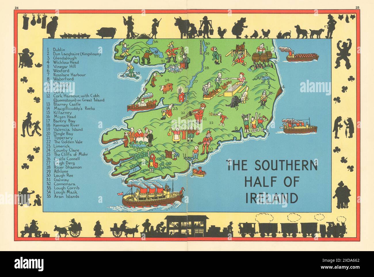 The Southern half of Ireland pictorial map. ALNWICK 1937 old vintage ...