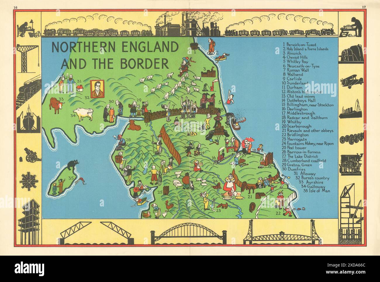 Northern England & Scottish Borders pictorial map. ALNWICK 1937 old Stock Photo - Alamy