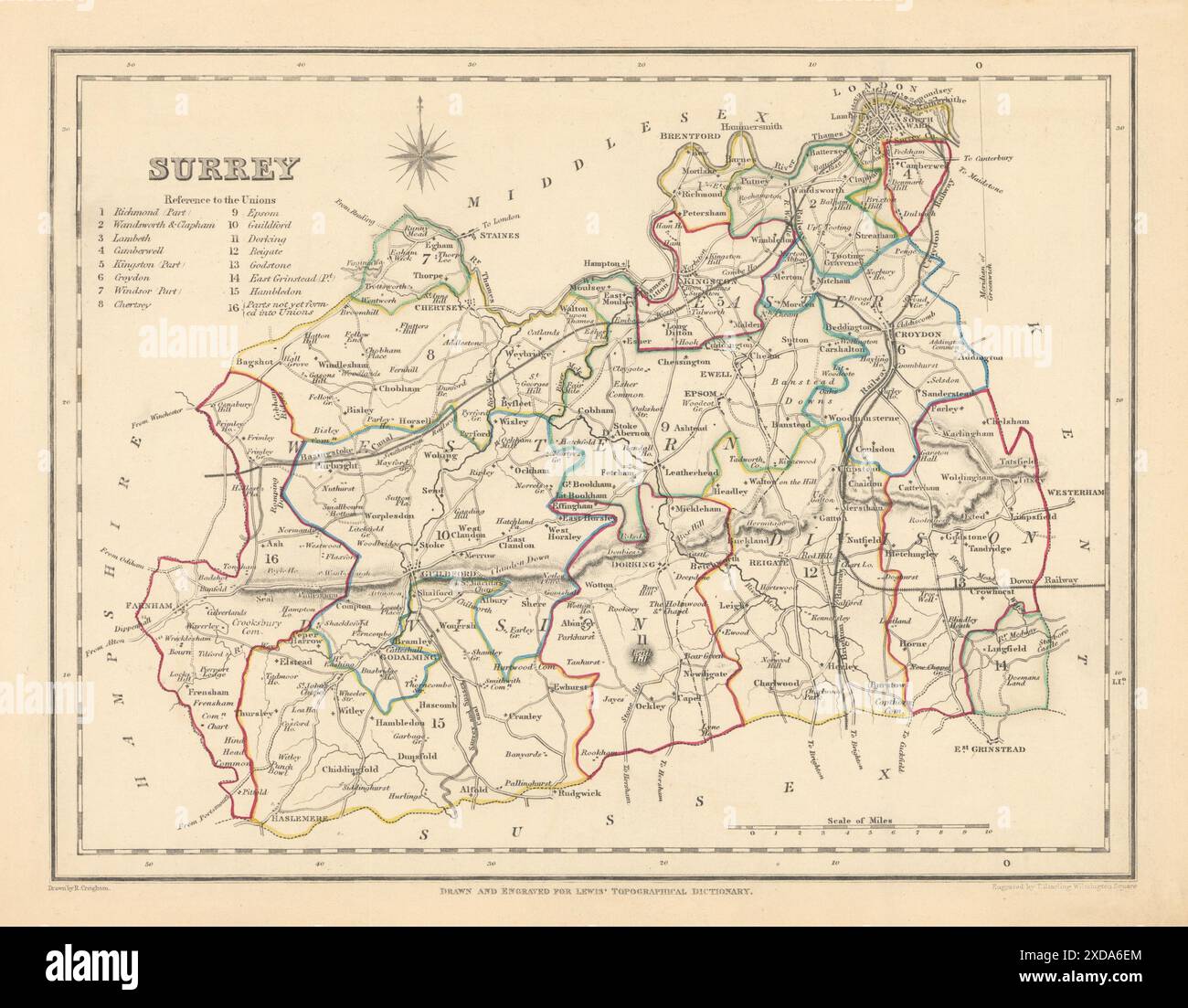 Antique county map of SURREY by Creighton & Starling for Lewis c1840 ...