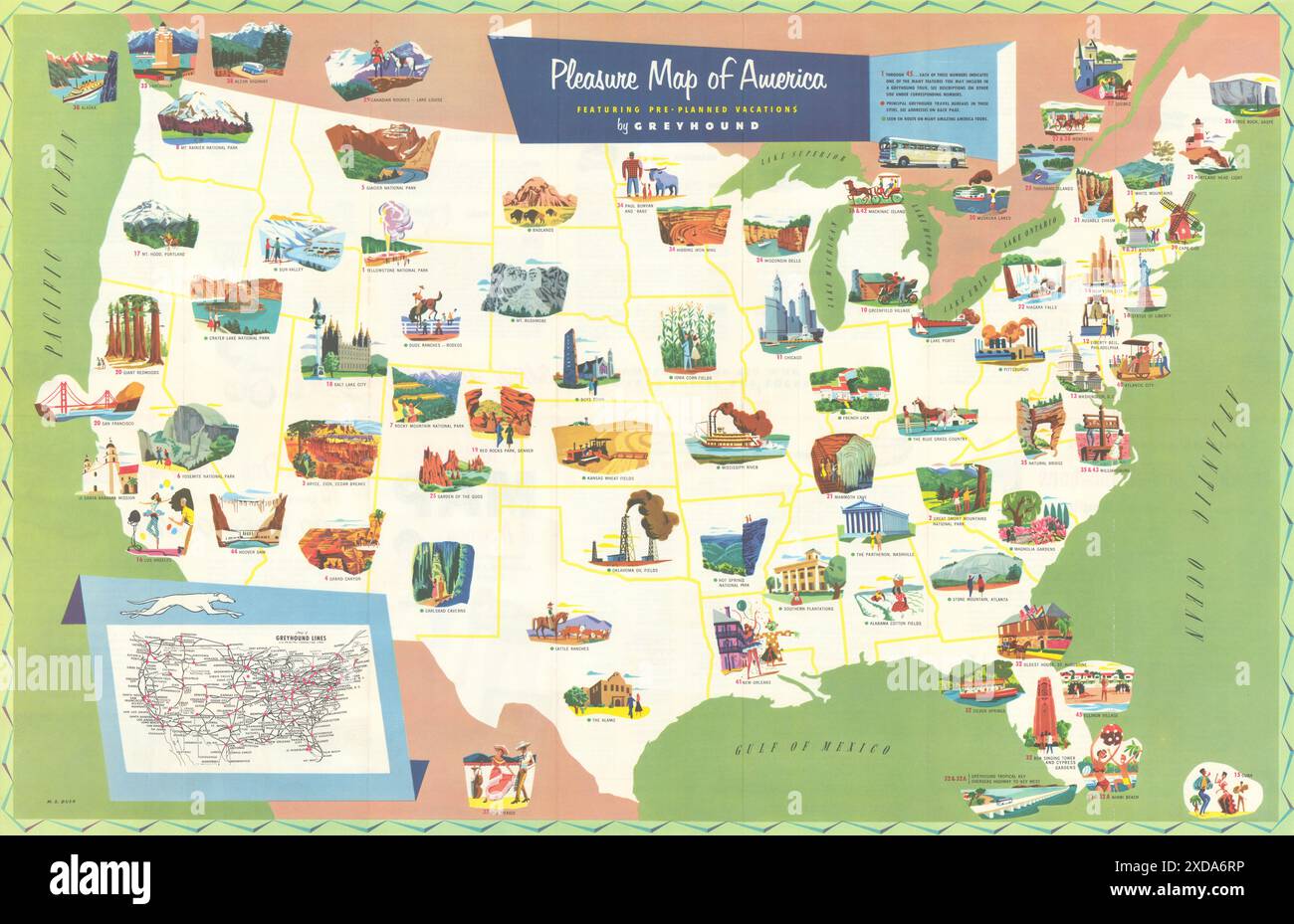 Pleasure map of America featuring pre-planned Greyhound vacations ...