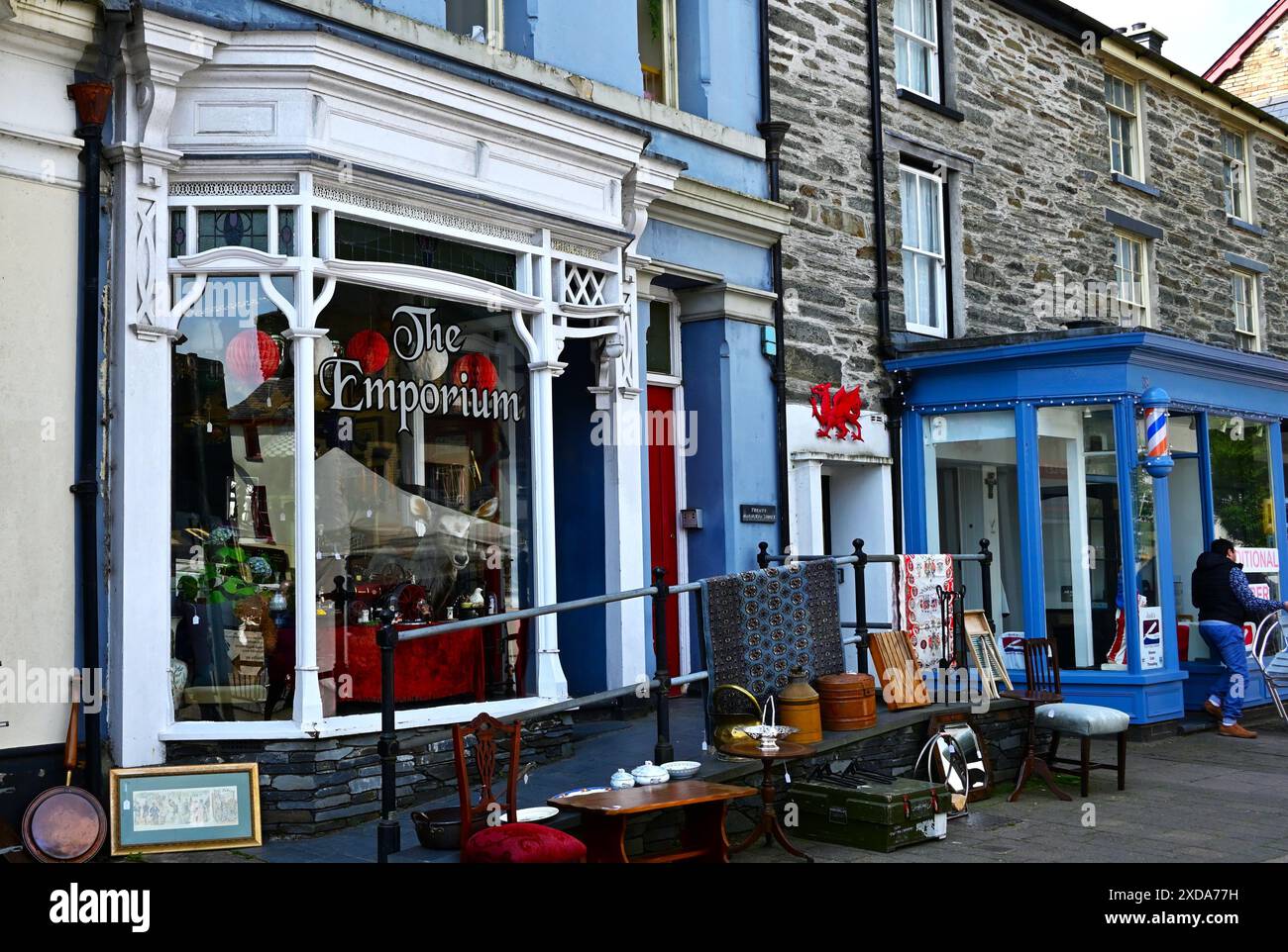 Machynlleth market town in Powys mid-Wales showing market stalls ...