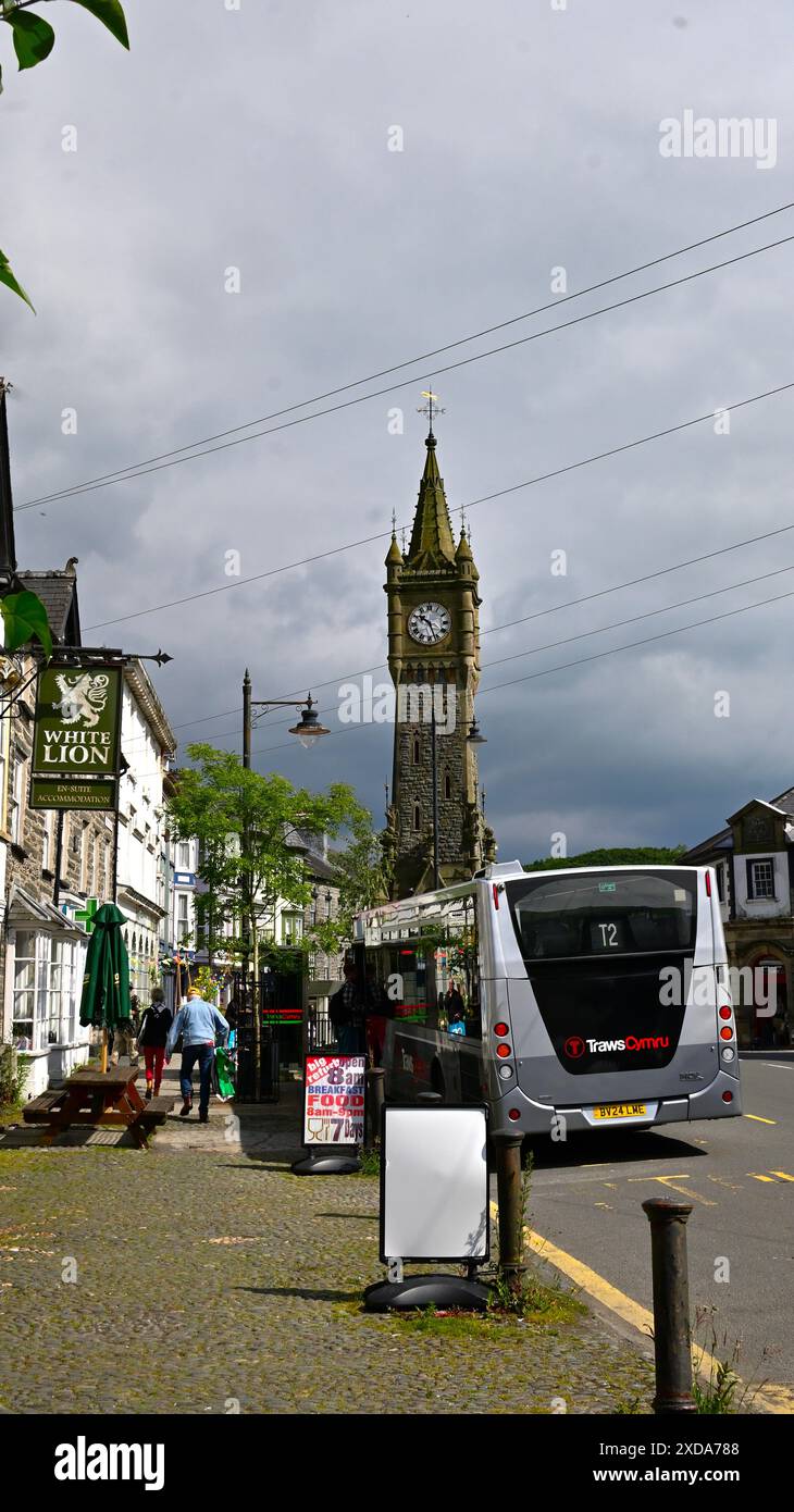 Machynlleth market town in Powys mid-Wales showing market stalls ...