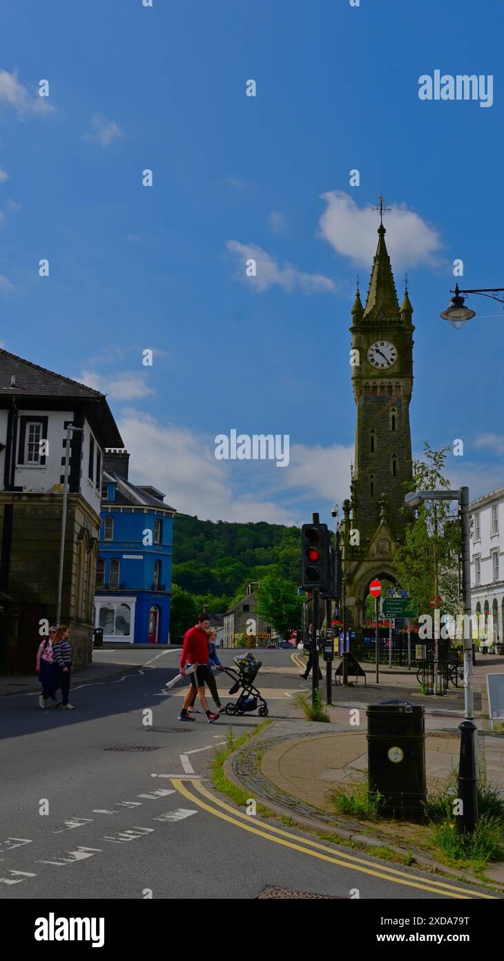 Machynlleth market town in Powys mid-Wales showing market stalls ...