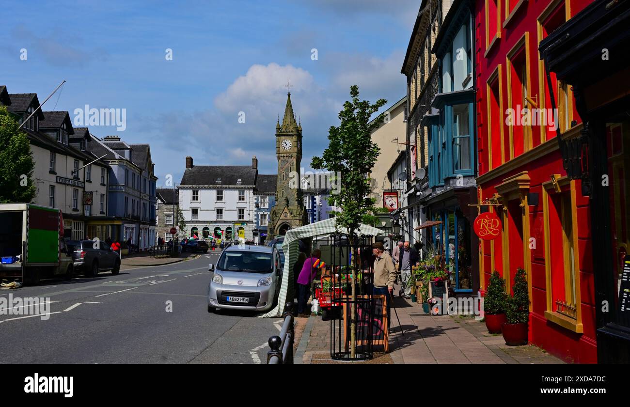 Machynlleth market town in Powys mid-Wales showing market stalls ...