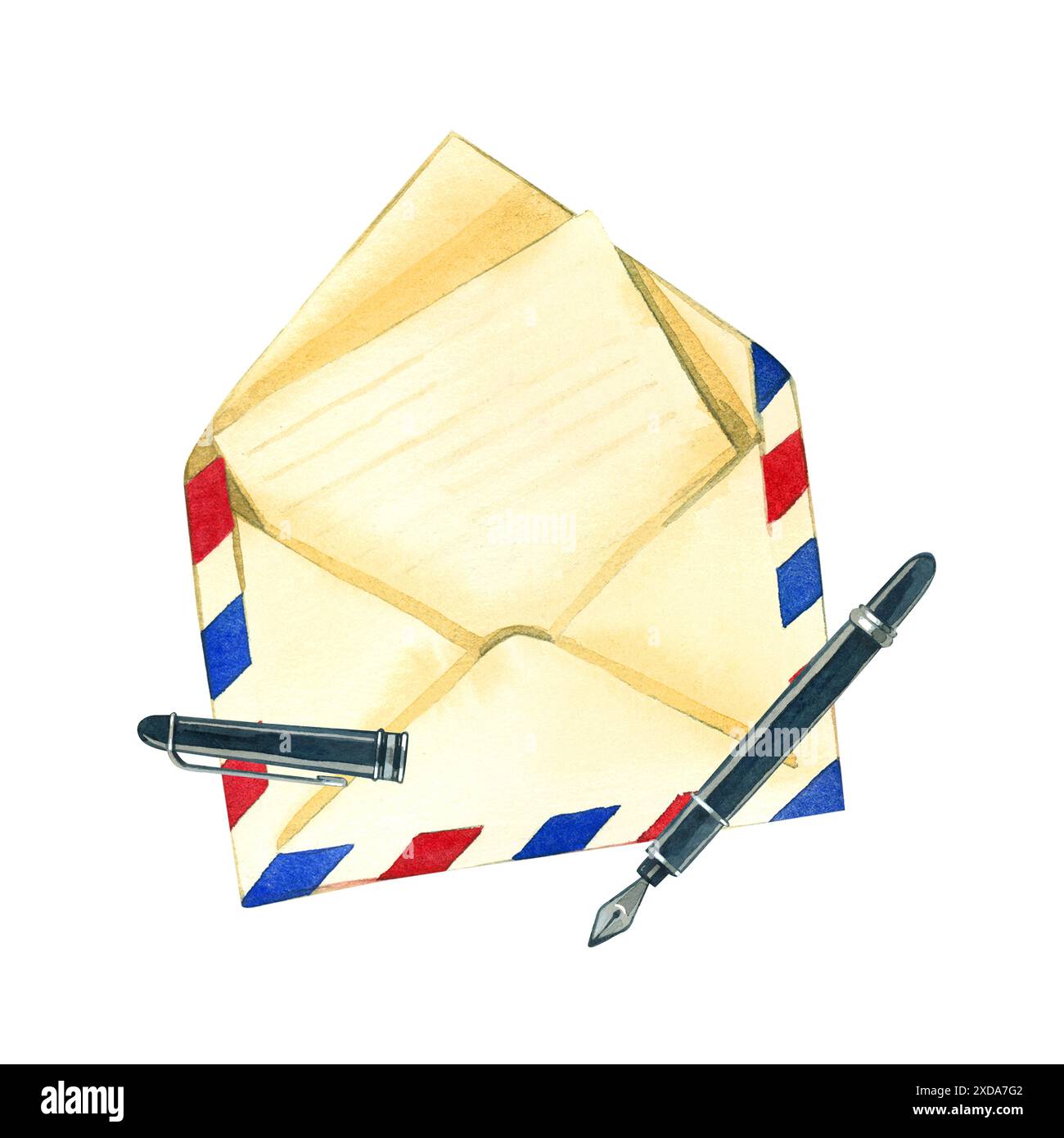 An open envelope with a letter and a pen for writing, hand drawn in ...