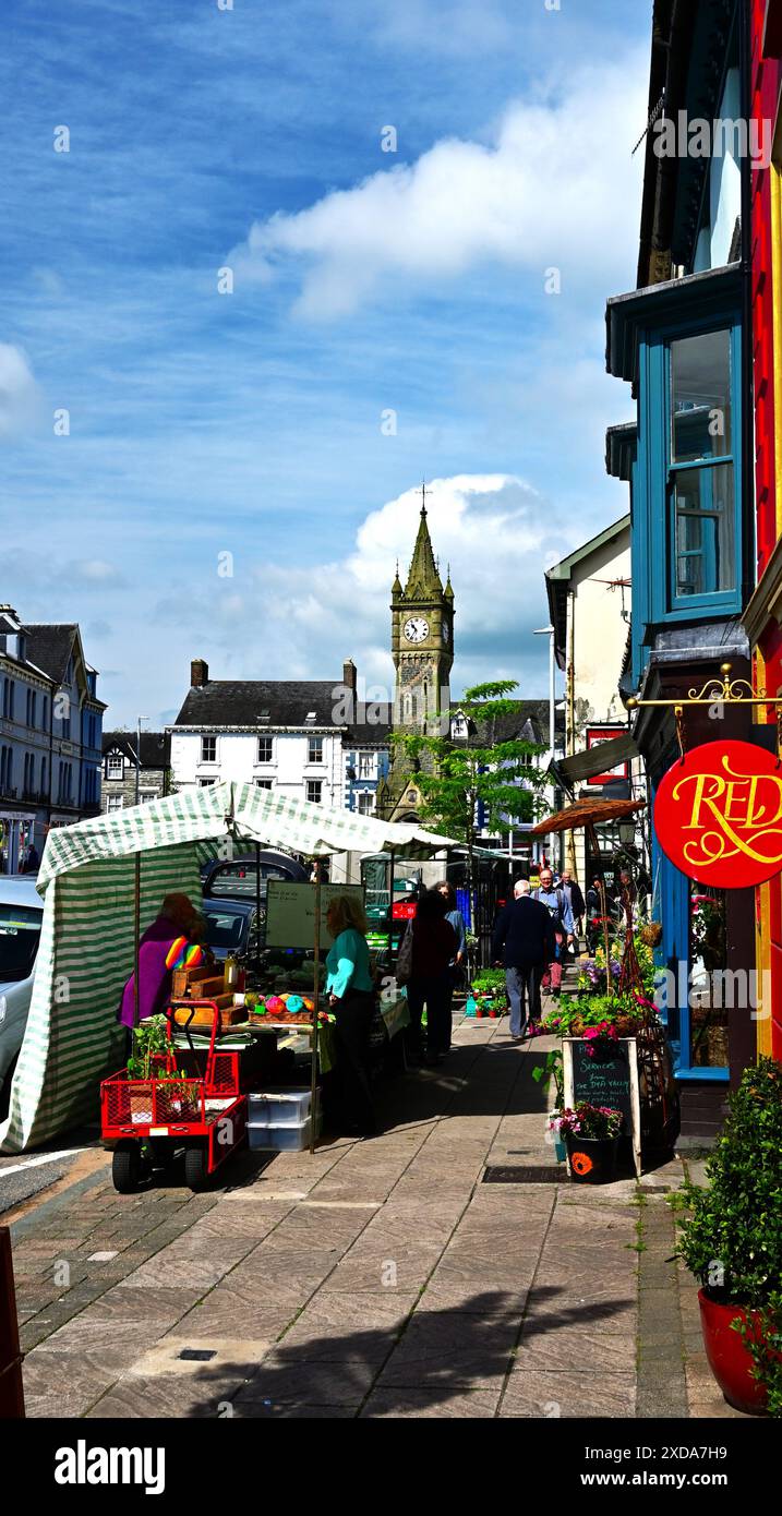 Machynlleth market town in Powys mid-Wales showing market stalls ...