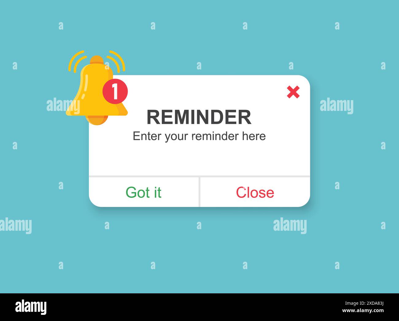 Reminder notifications page with alert bell icon in flat style. Event notice message vector ...