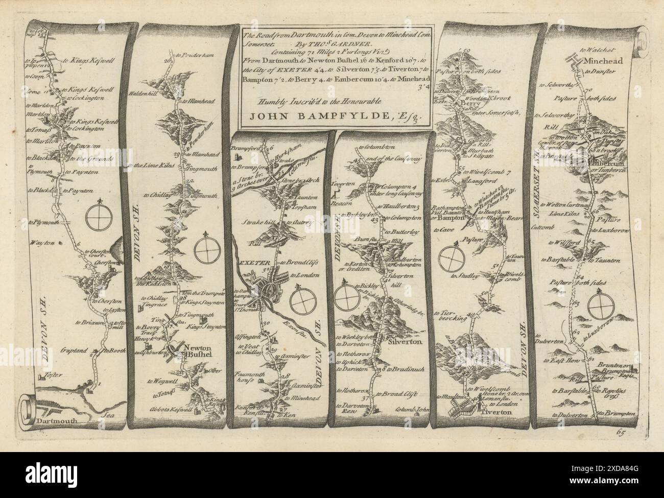 Dartmouth - Exeter - Tiverton - Minehead. GARDNER road map #65 1719 old ...