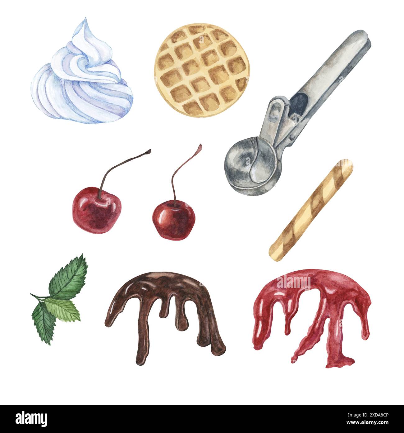 Ice cream design elements set including various flavors, cherries ...
