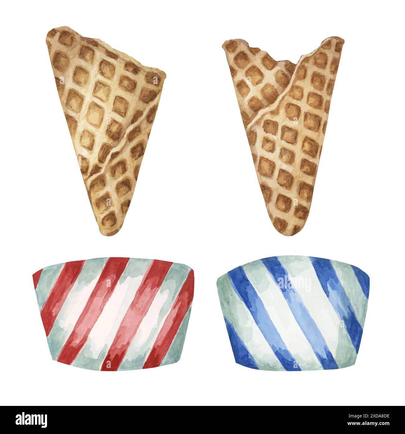 Crispy waffle cones and striped paper cups. Watercolor illustration of ...