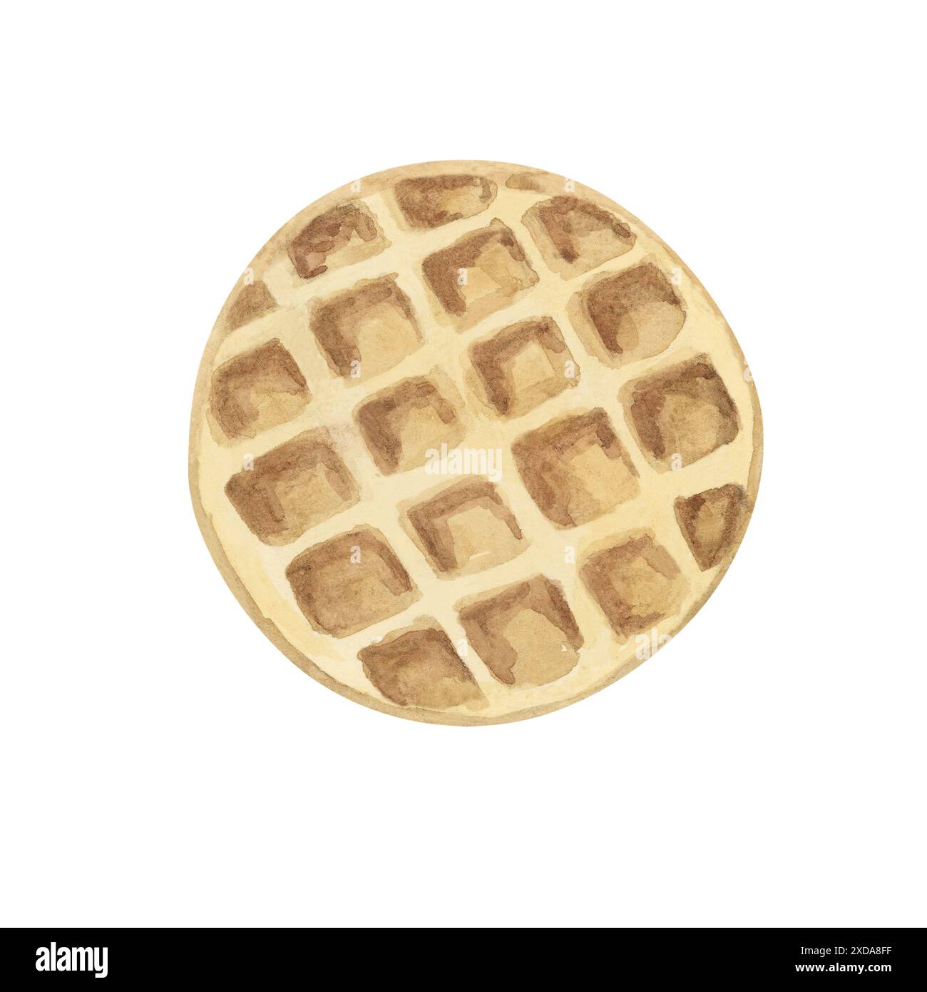 A round, golden waffle with a classic grid pattern. Watercolor topping illustration for desserts ...