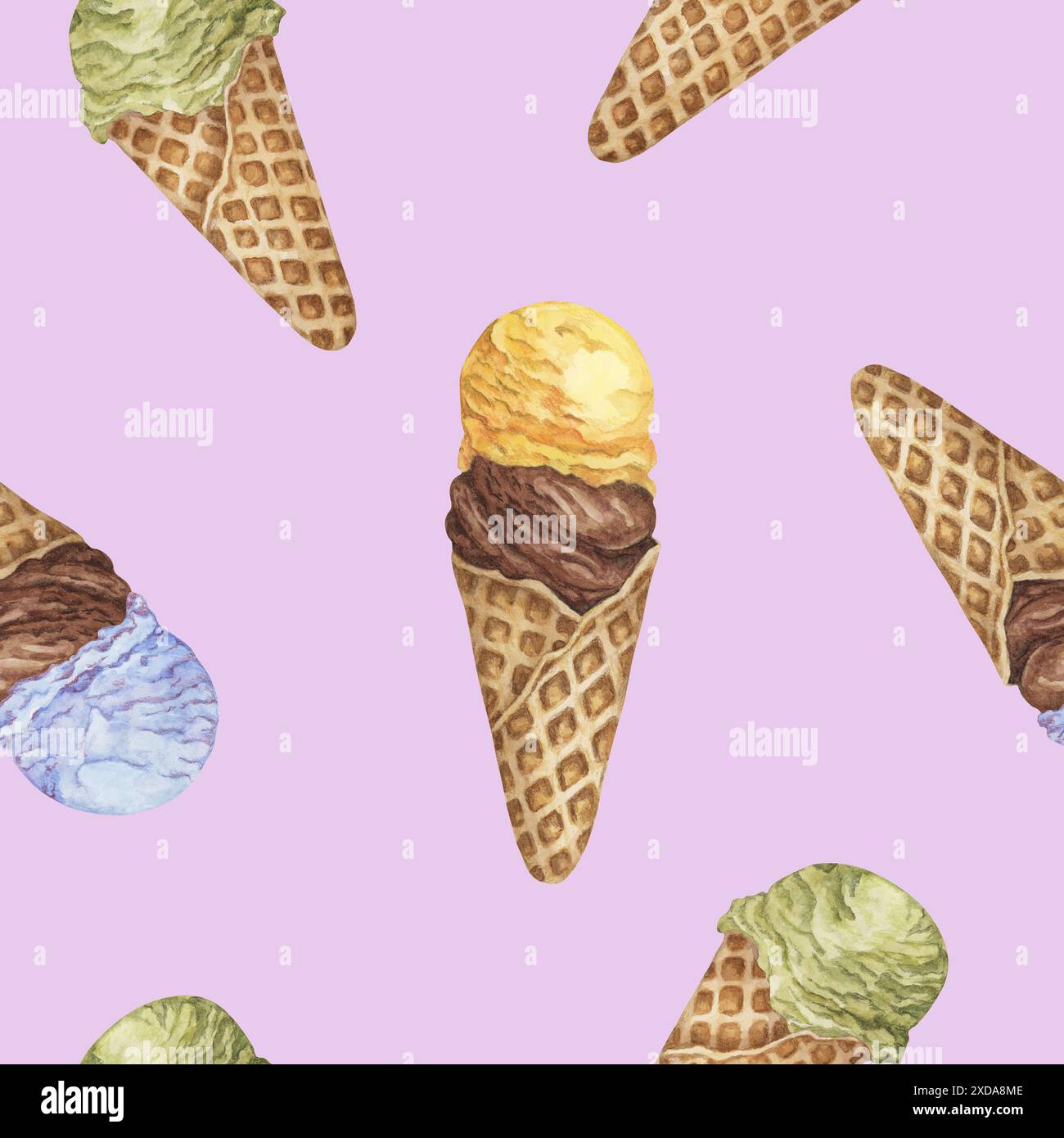 Retro style ice cream waffle cones seamless pattern. Pastel colors ...
