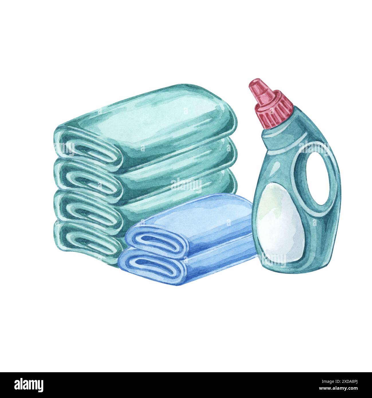 Towels with bottle of fabric softener or laundry detergent. Rags, linen ...