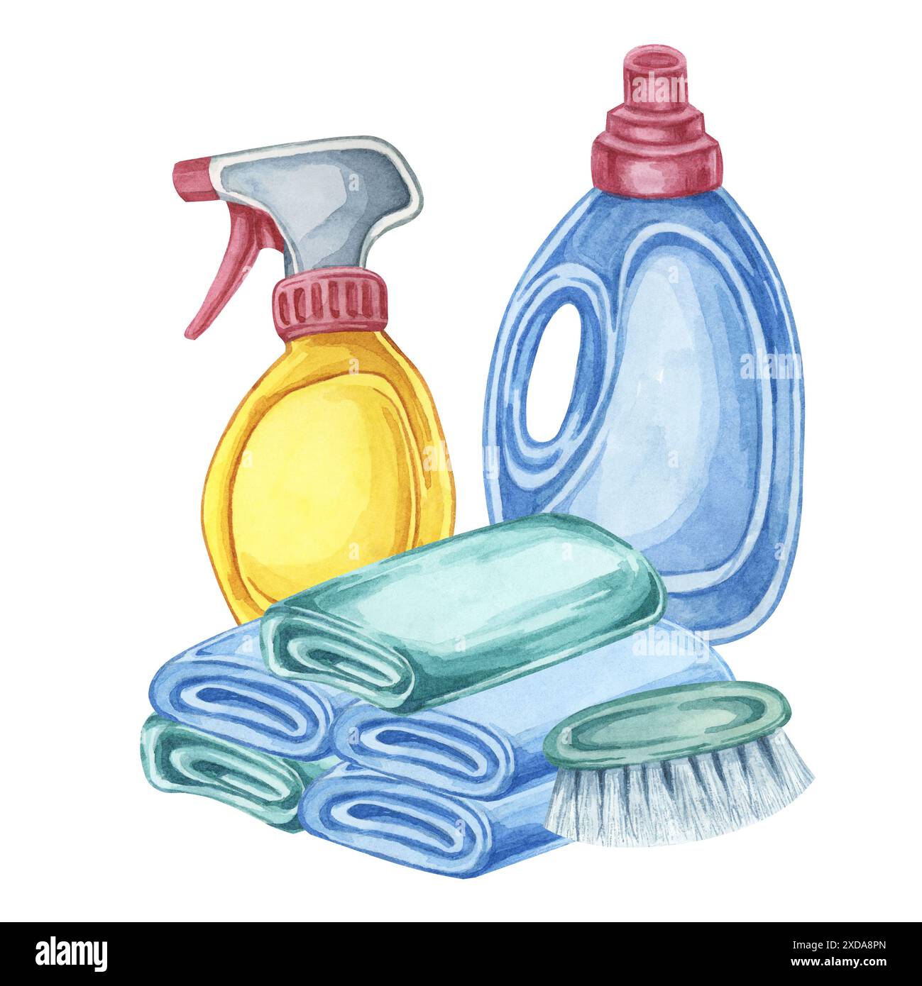 Towels and bottle of fabric softener or laundry detergent. Rags, linen ...