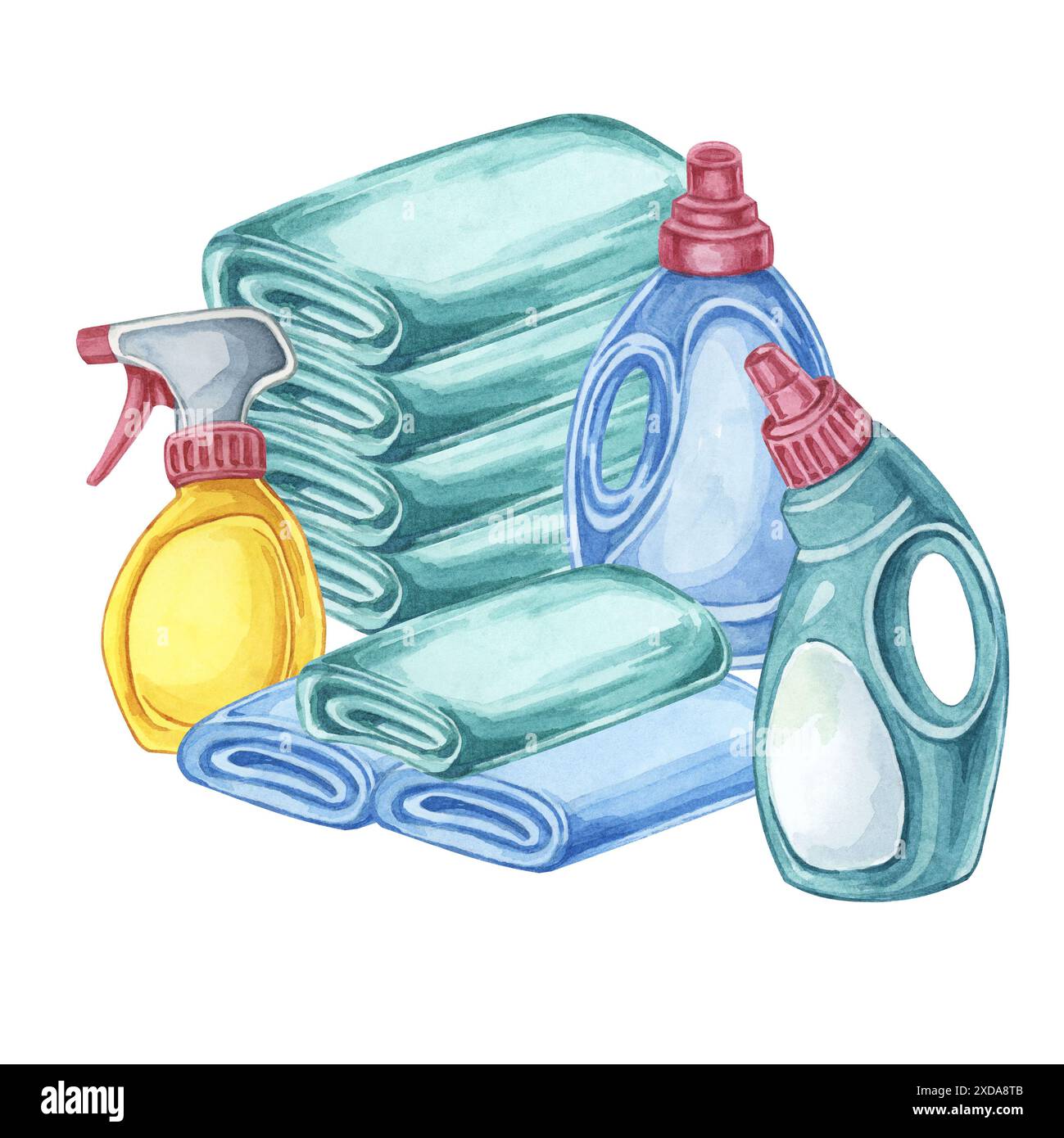 Towels and bottle of fabric softener or laundry detergent. Rags, linen ...