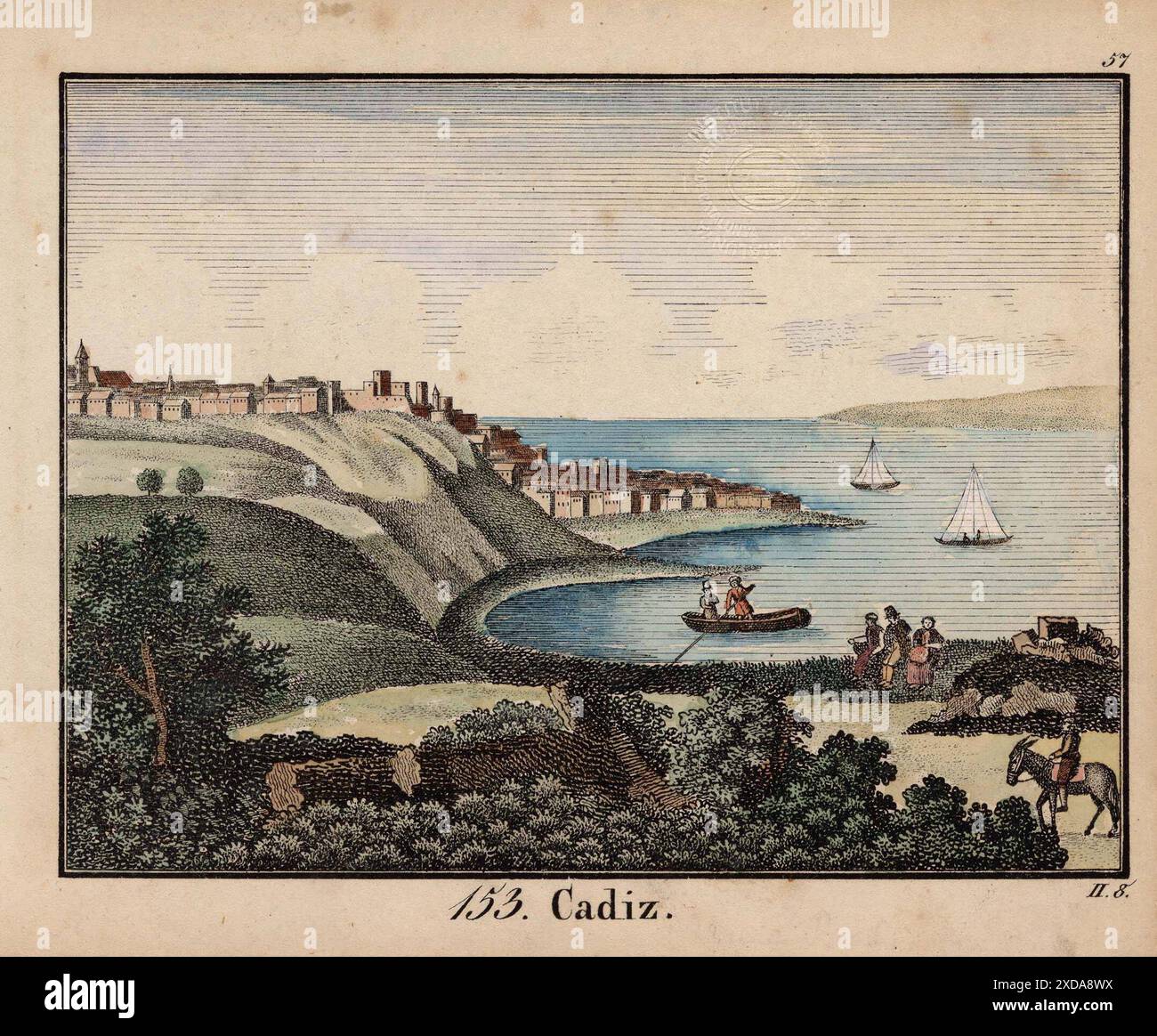 View of Cadiz, Vintage historic artwork. Lithography, 18th century ...