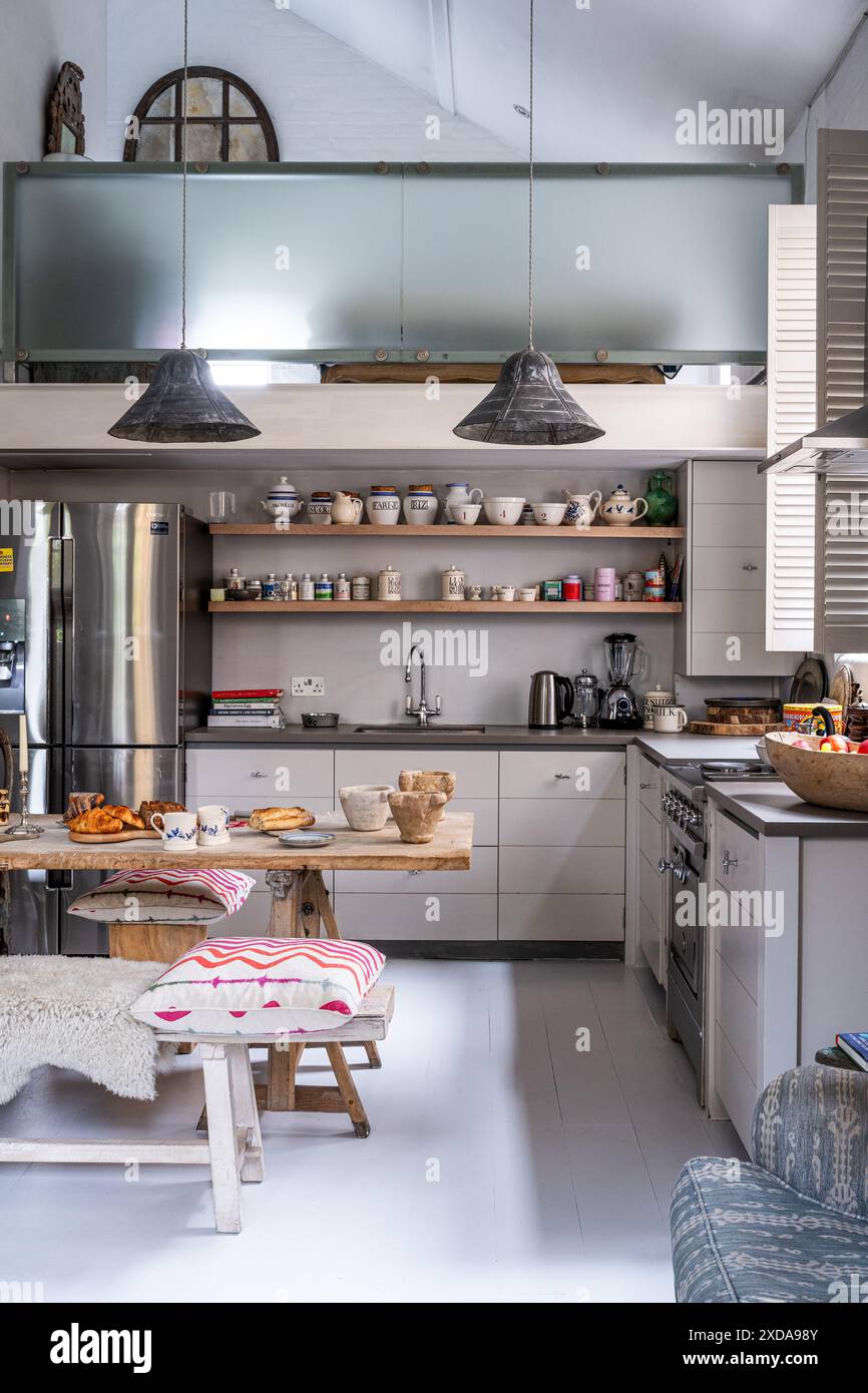 Rustic French antique trestle with elm bench and mezzanine in converted ...