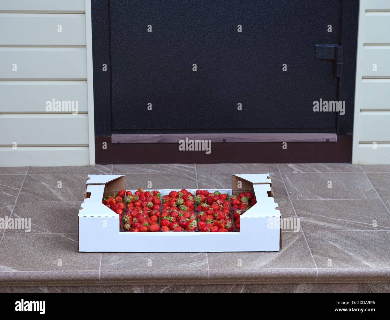 A cardboard box full of fresh organic strawberries delivered to the ...