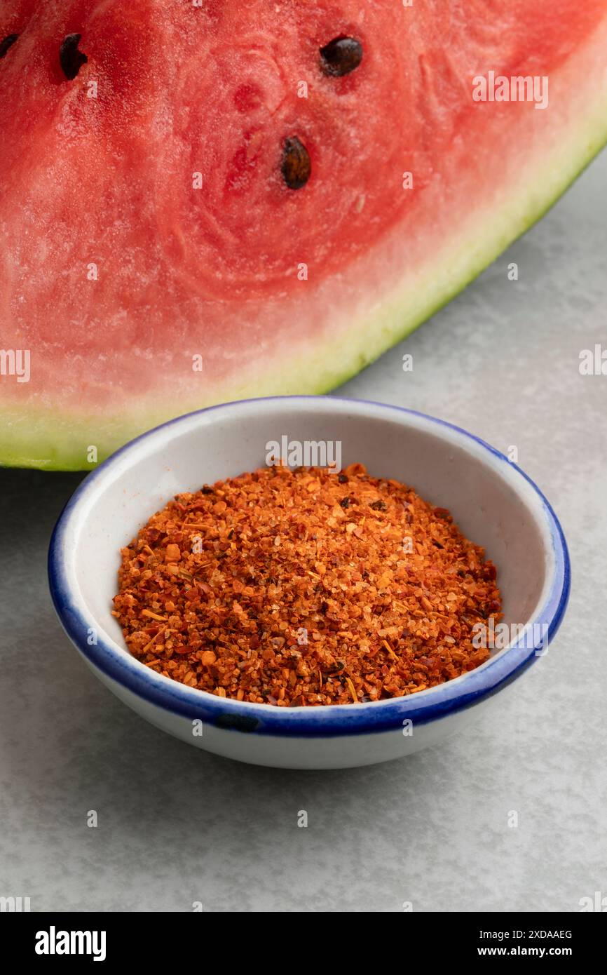 Bowl with Mexican seasoning made from chili, lime and sea salt close up ...