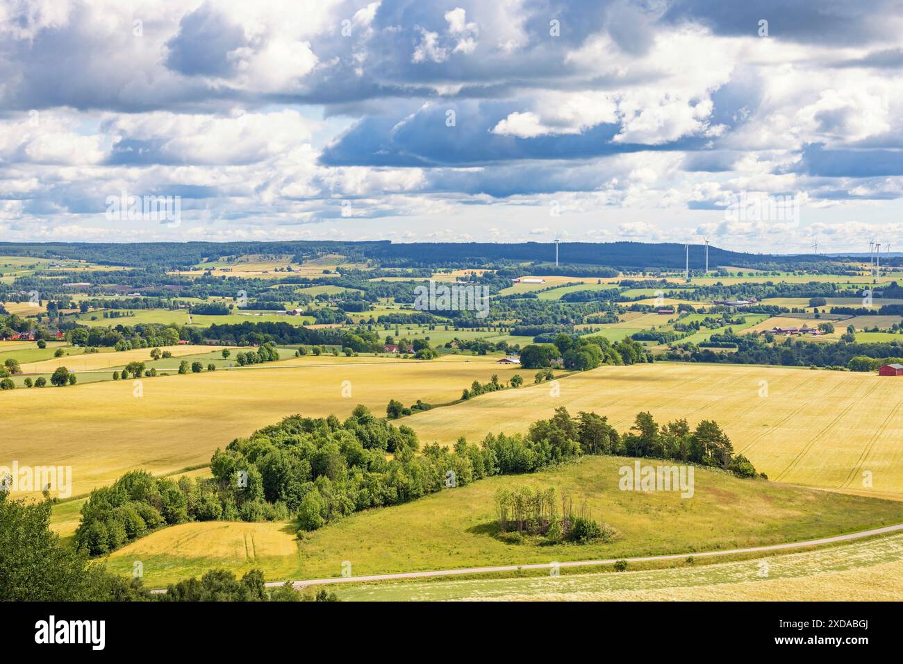 Aerial view at a cultivated landscape with fields and tree groves in ...