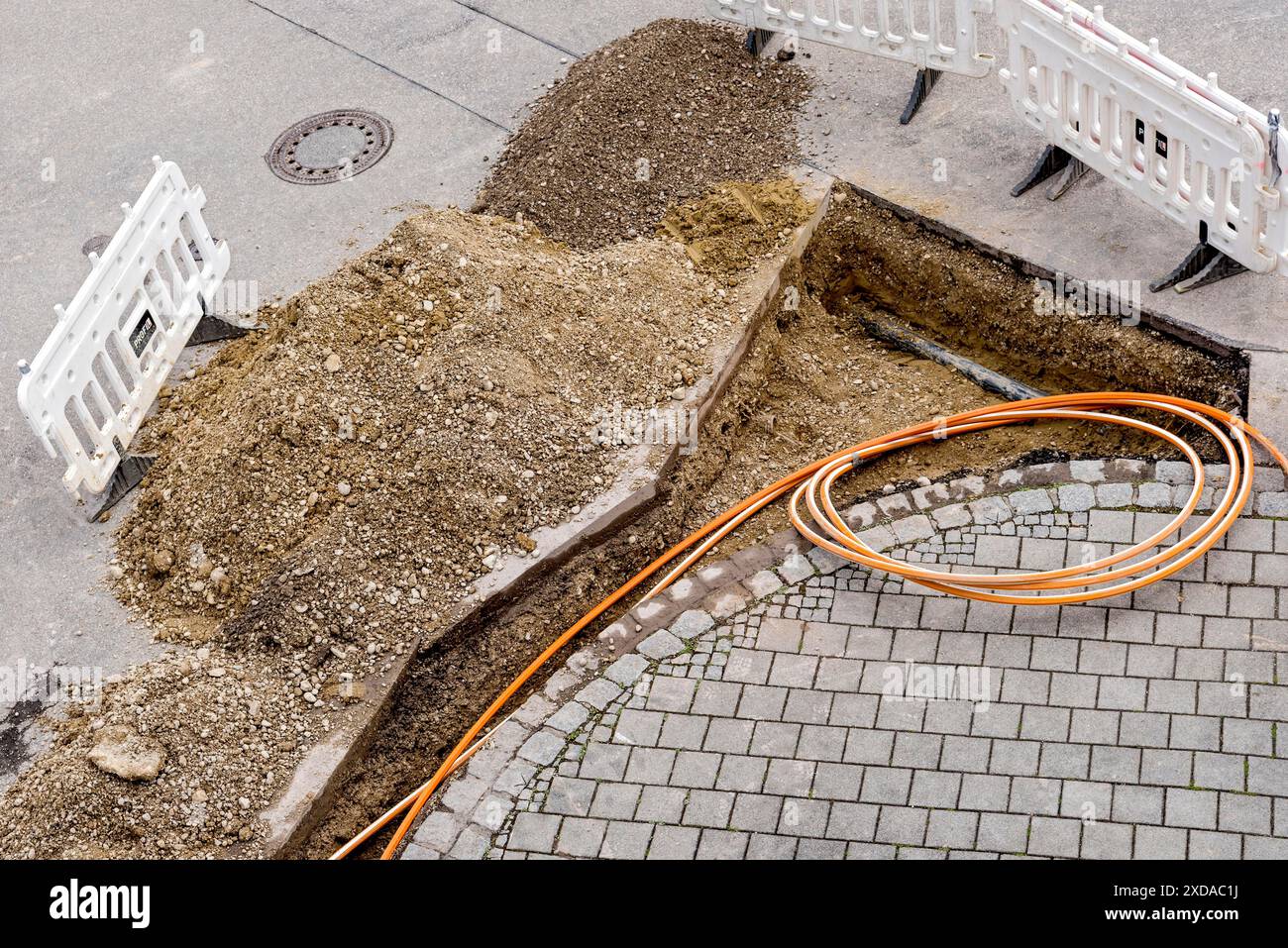 Fibre optic cable, cable trench, trench, construction site, fibre optic ...