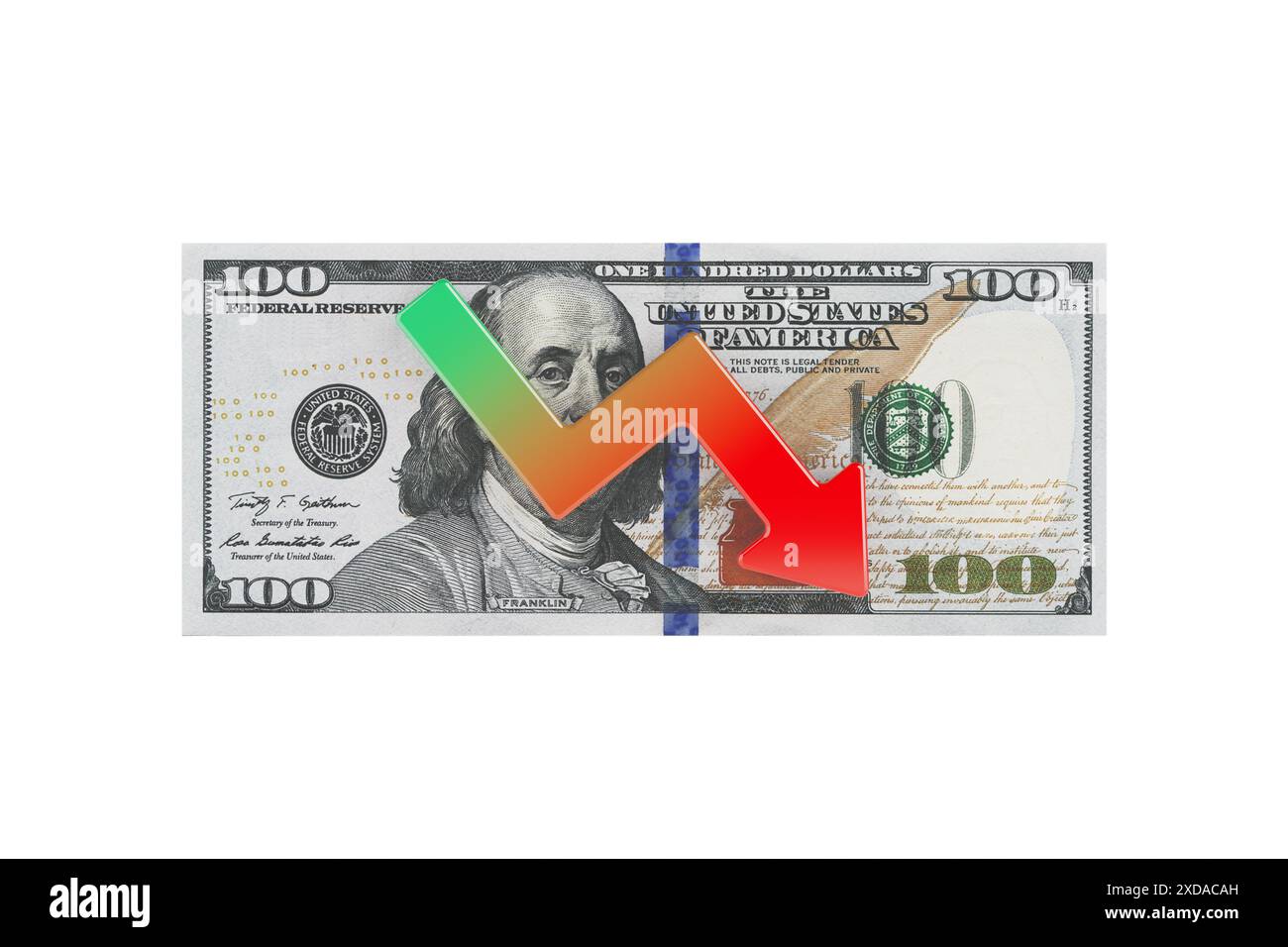 Devaluation Concept. One Hundred Dollar Bill with Falling Rate Arrow on ...