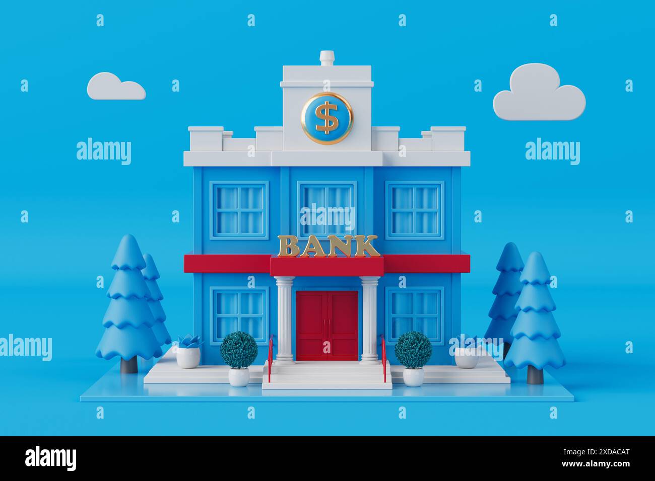 Abstract Scene with Cartoon Bank Office Building on a blue background ...