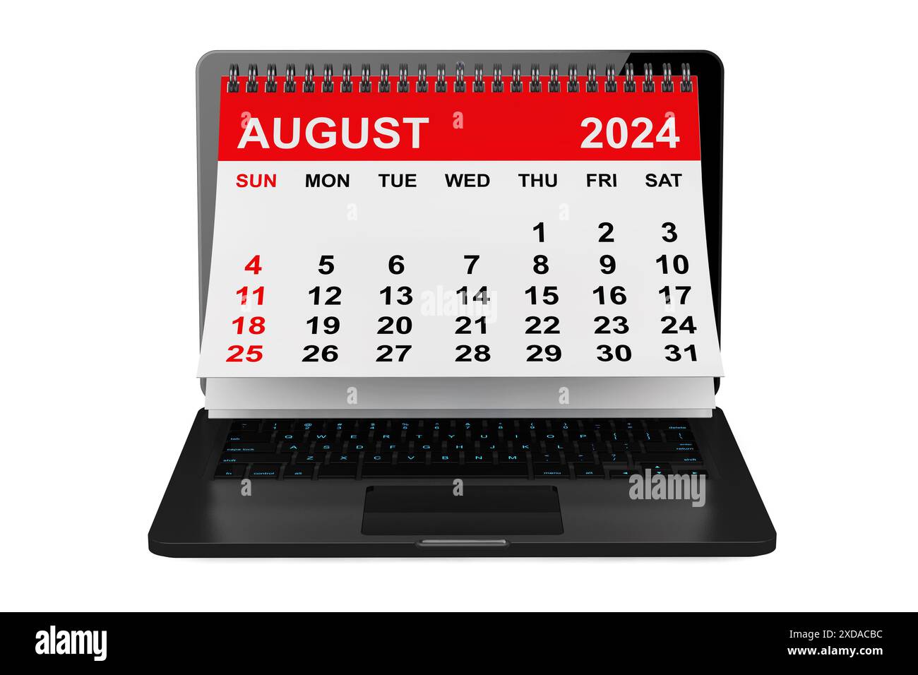 2024 year calendar. August calendar over laptop screen on a white ...