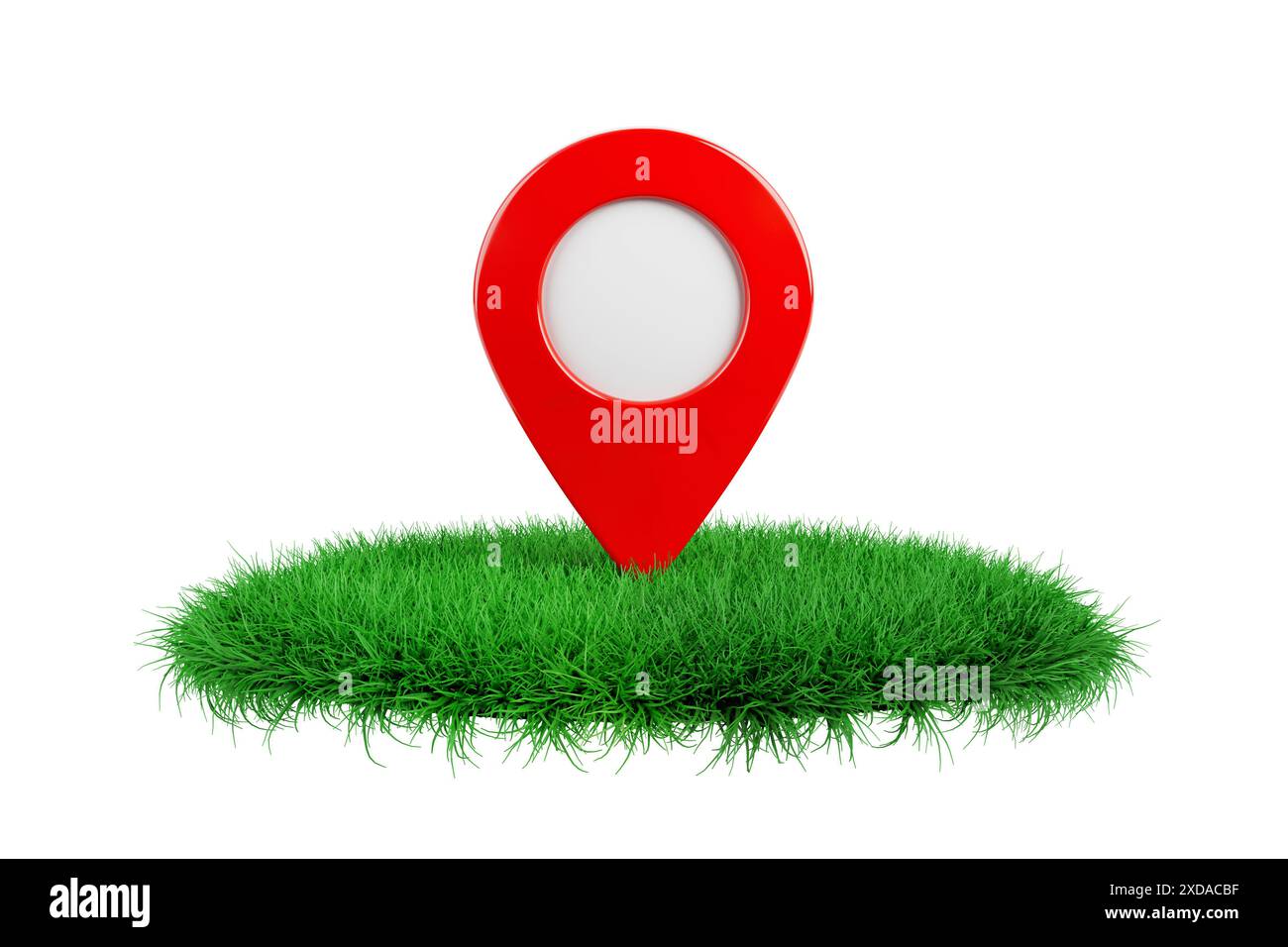 Red Map Pointer Pin on a Green Grass Podium Stage on a white background ...