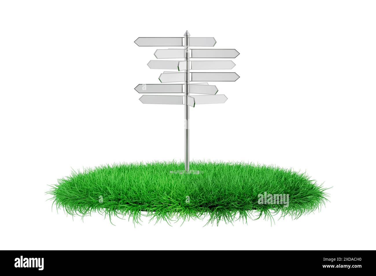 White Direction Signpost on a Green Grass Podium Stage on a white ...